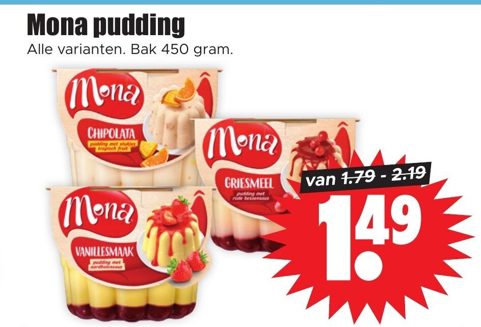 Mona pudding Alle varianten. Bak 450 gram. aanbieding bij Dirk