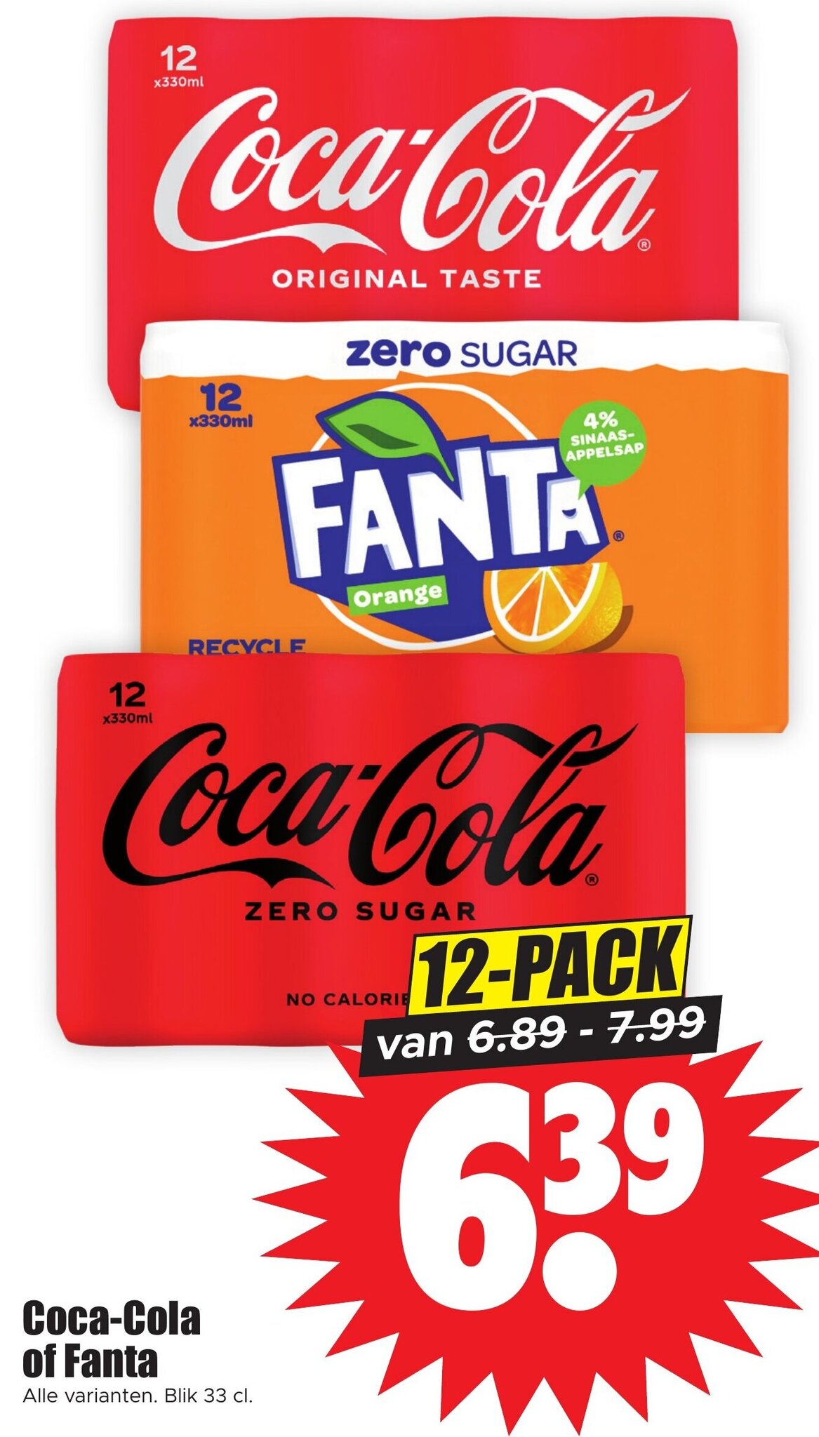 Coca-Cola of Fanta Alle varianten. Blik 33 cl. 12-PACK aanbieding bij Dirk