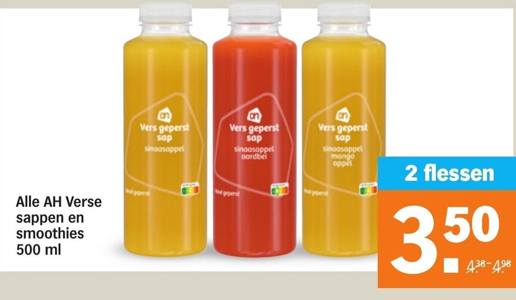 Alle AH Verse sappen en smoothies 500 ml 2 flessen aanbieding bij ...