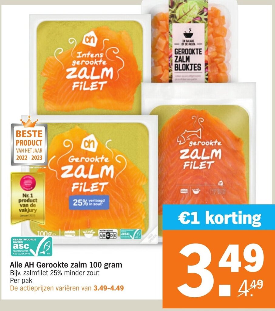 Alle AH Gerookte zalm 100 gram Bijv. zalmfilet 25% minder zout ...