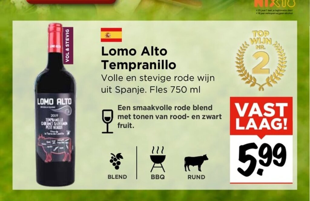 Lomo Alto Tempranillo Volle en stevige rode wijn uit Spanje. Fles 750 ...