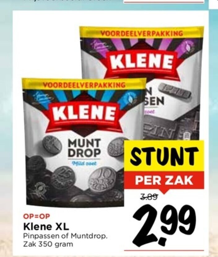 Klene XL Pinpassen of Muntdrop. Zak 350 gram aanbieding bij Vomar
