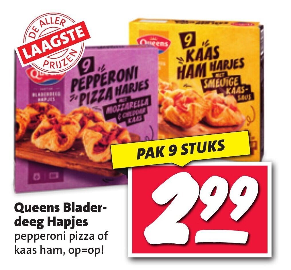 Queens Blader-deeg Hapjes pepperoni pizza of kaas ham, PAK 9 STUKS ...