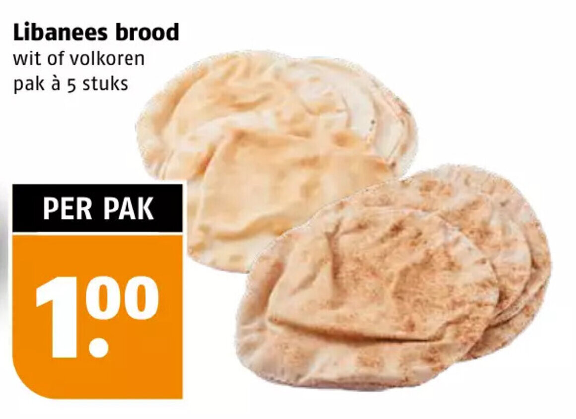 Libanees brood wit of volkoren pak à 5 stuks aanbieding bij Poiesz