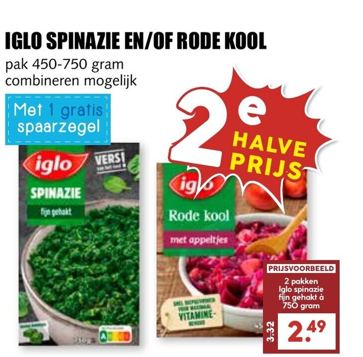 IGLO SPINAZIE EN/OF RODE KOOL pak 450-750 gram combineren mogelijk Met ...