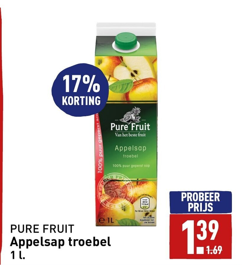 PURE FRUIT Appelsap troebel 1 l. aanbieding bij ALDI