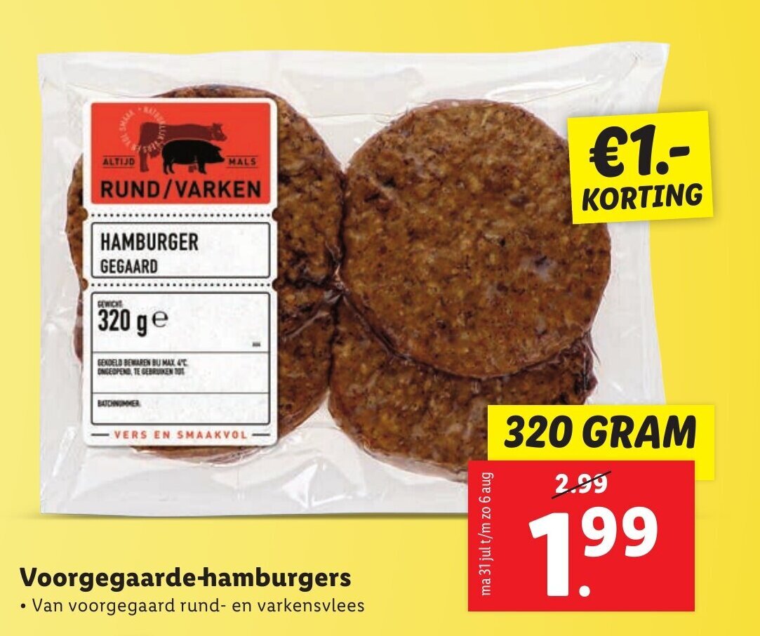 Voorgegaarde-hamburgers 320 GRAM aanbieding bij Lidl