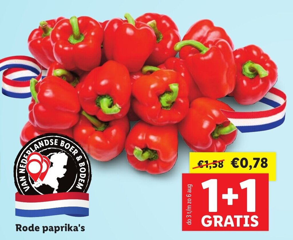 Rode paprika's 1+1 gratis aanbieding bij Lidl