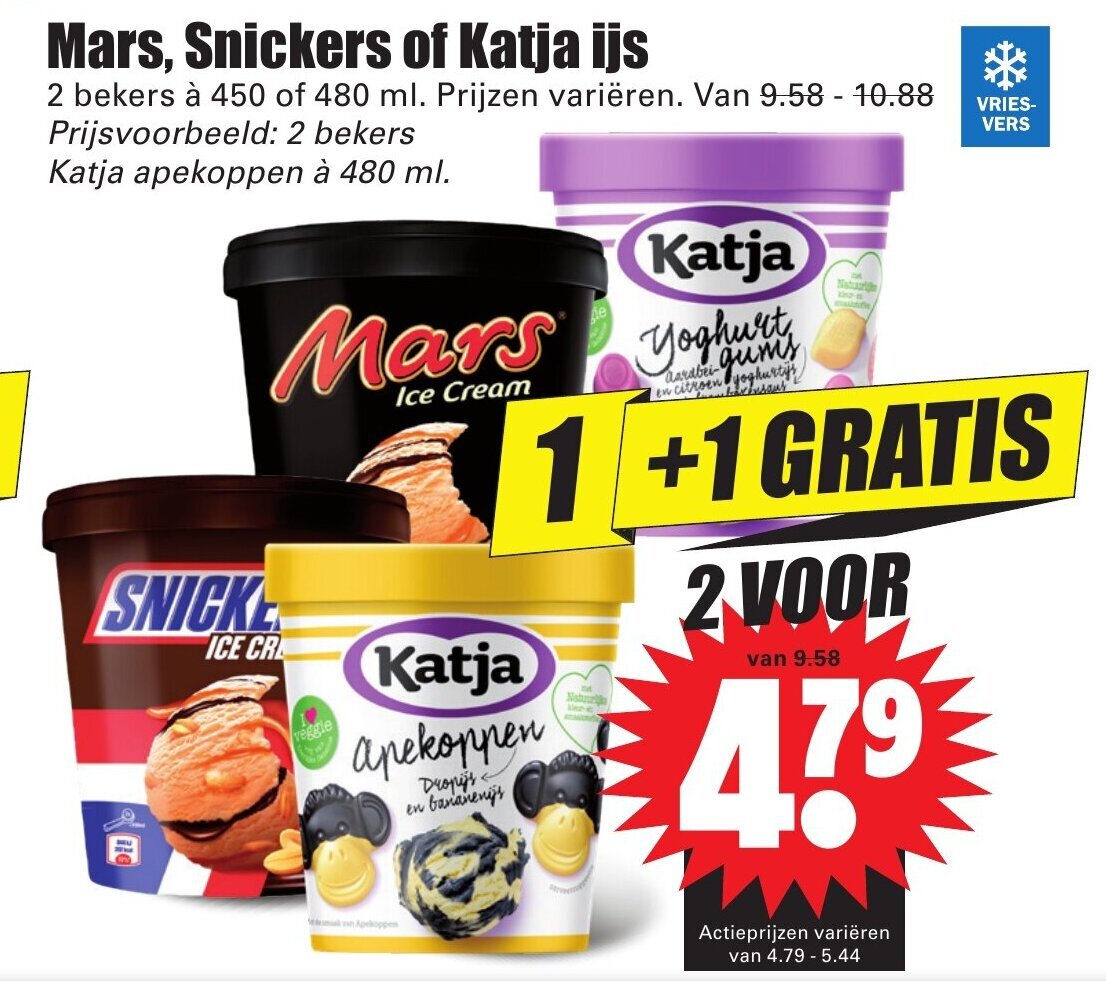 Mars, Snickers of Katja ijs aanbieding bij Dirk