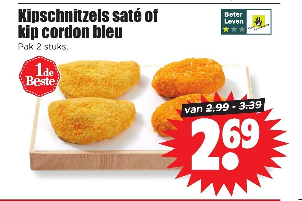 Kipschnitzels saté of kip cordon bleu Pak 2 stuks. aanbieding bij Dirk