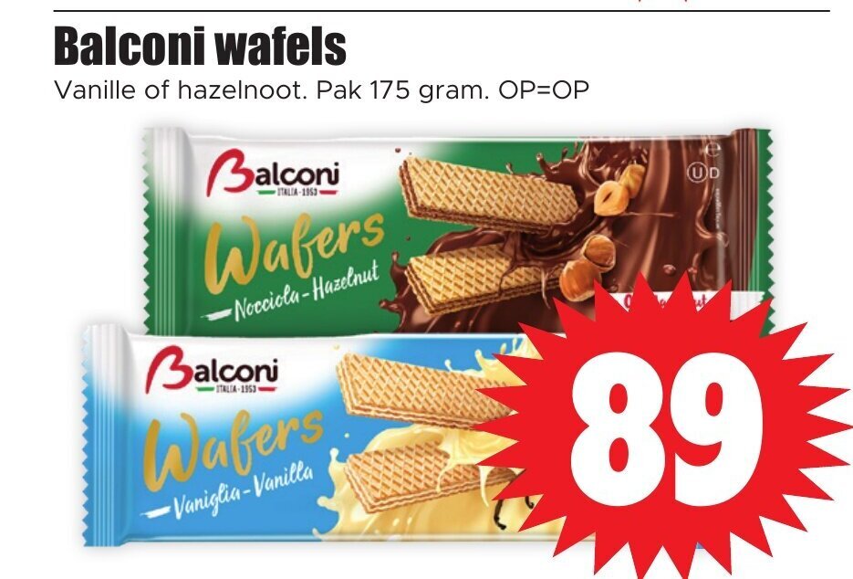 Balconi wafels Vanille of hazelnoot. Pak 175 gram. aanbieding bij Dirk