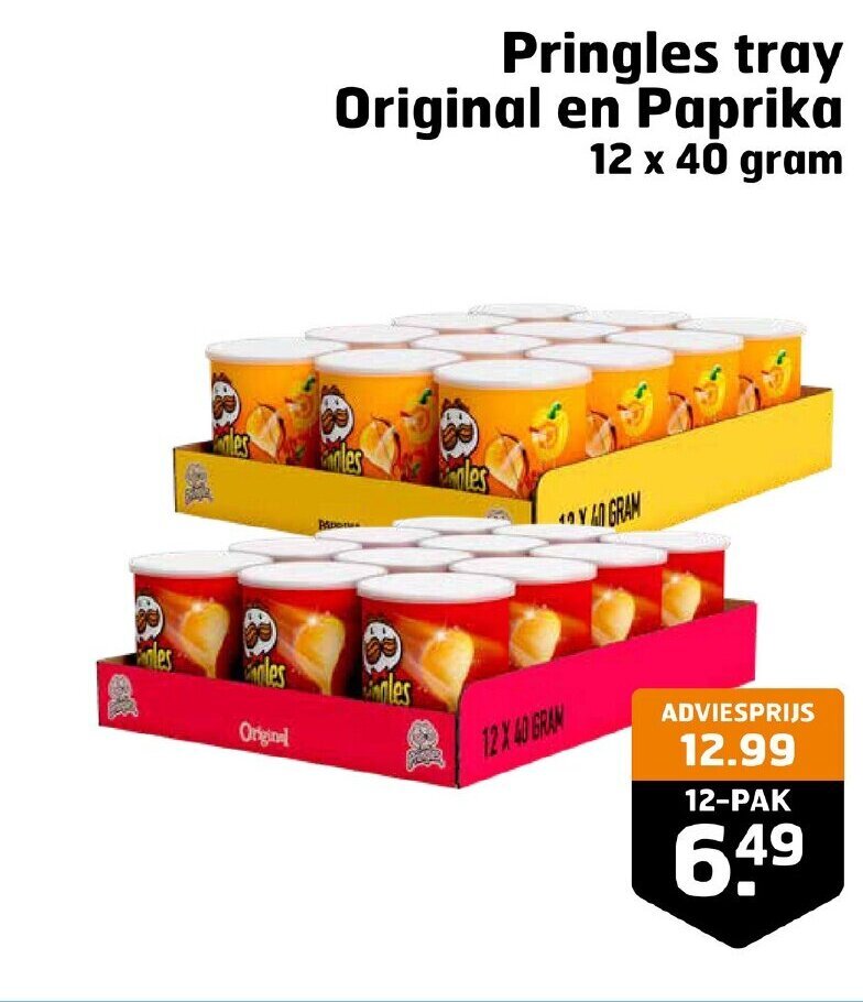 Pringles tray Original en Paprika 12 X 40 GRAM aanbieding bij Trekpleister