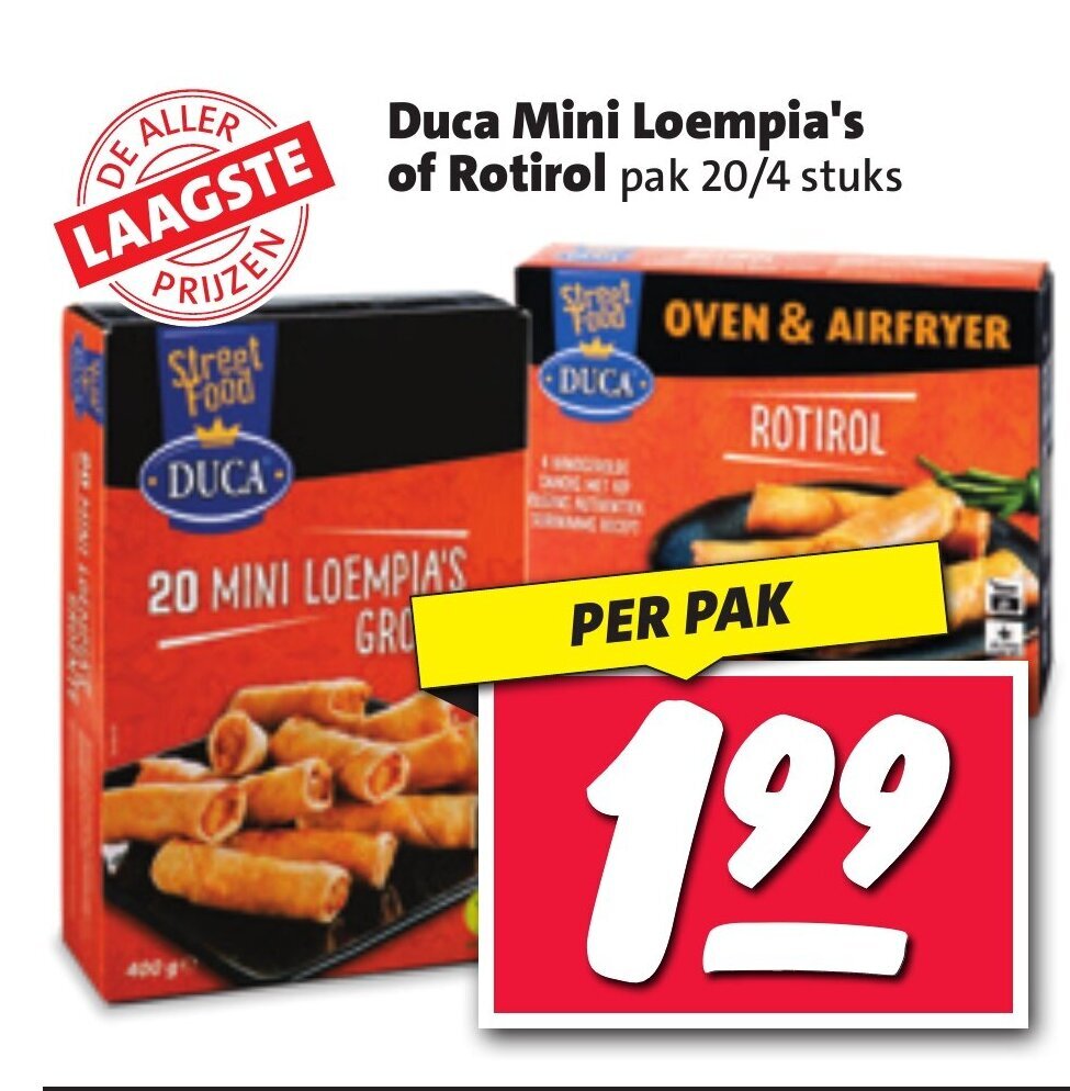 Duca Mini Loempia's of Rotirol pak 20/4 stuks aanbieding bij Nettorama