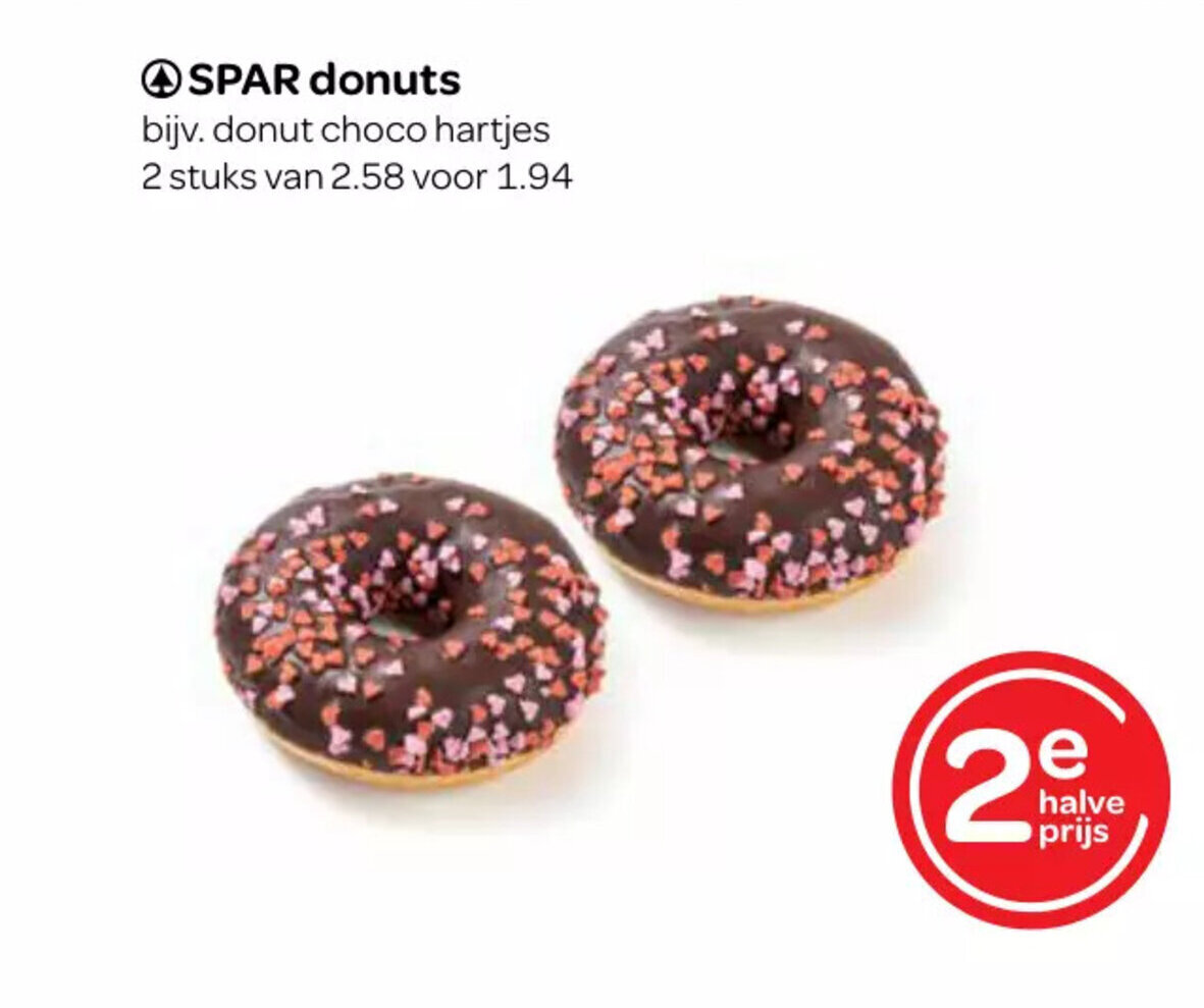 SPAR donuts bijv. donut choco hartjes 2 stuks aanbieding bij Spar