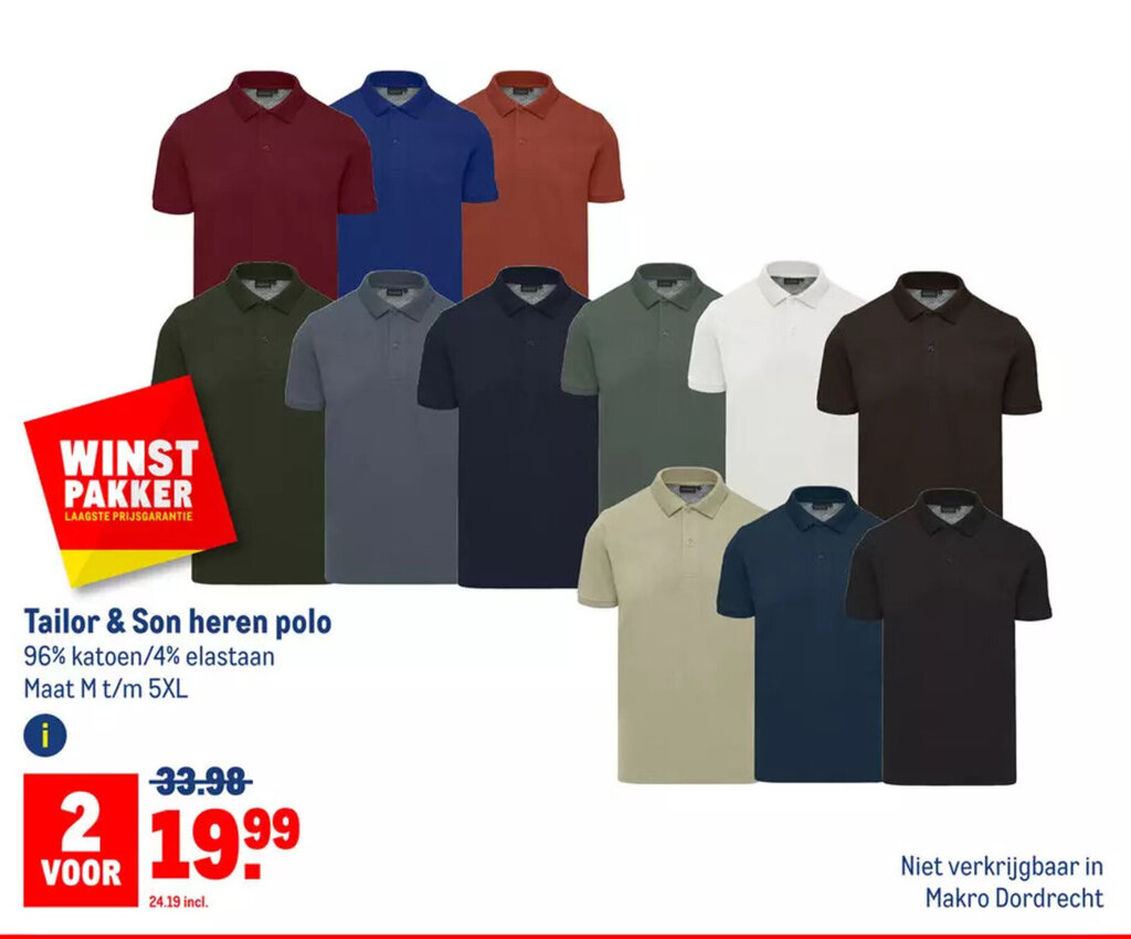 Tailor & Son heren polo 96% katoen/4% elastaan Maat M t/m 5XL | 2 VOOR aanbieding bij Makro