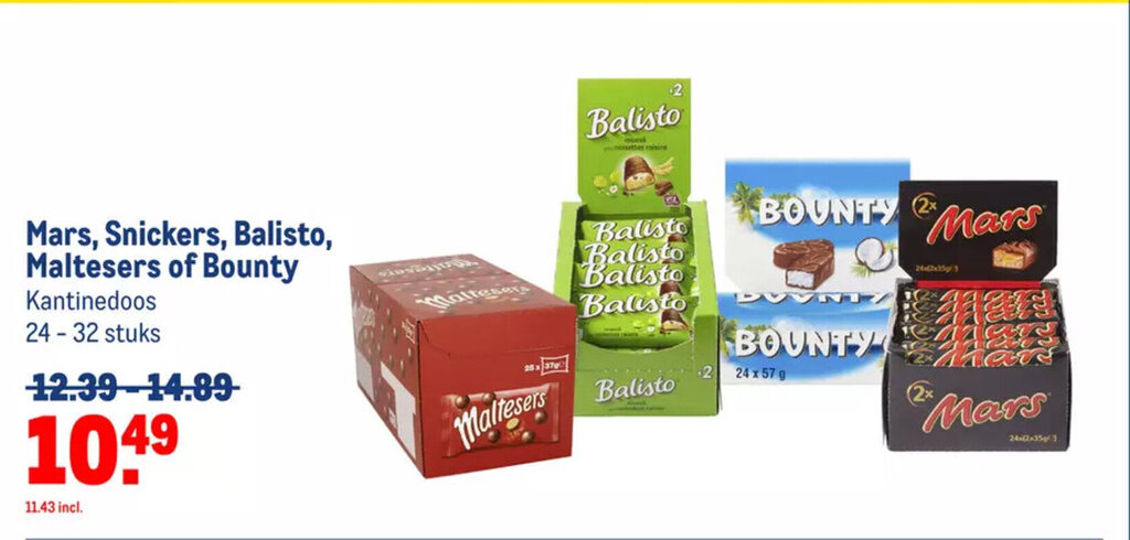 Mars, Snickers, Balisto, Maltesers of Bounty aanbieding bij Makro