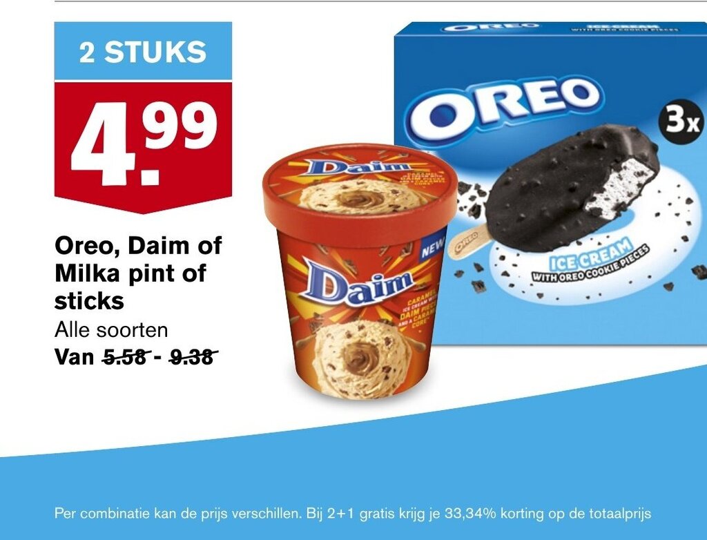 Oreo, Daim of Milka pint of sticks aanbieding bij Hoogvliet
