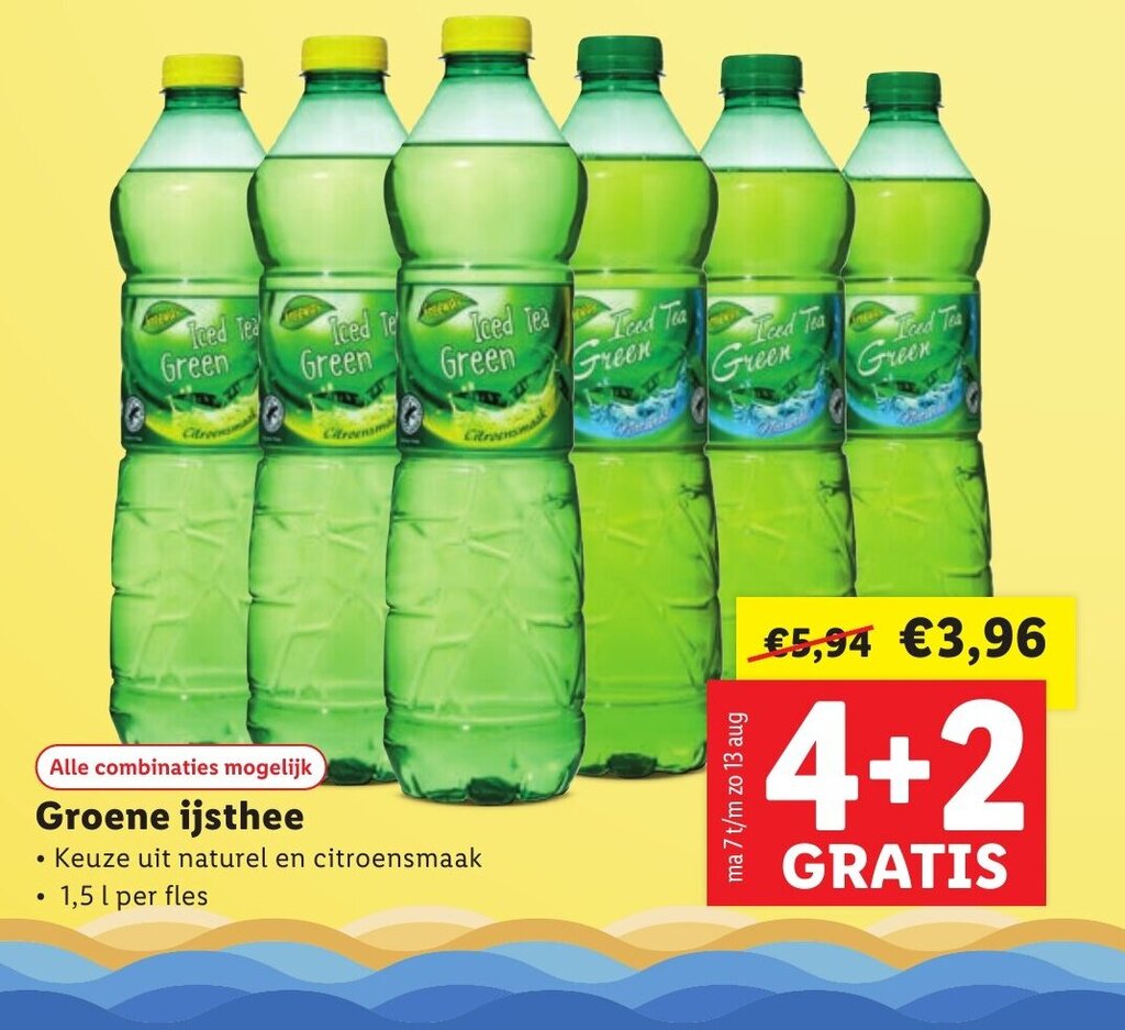 Groene ijsthee 1.5L 4+2 gratis aanbieding bij Lidl