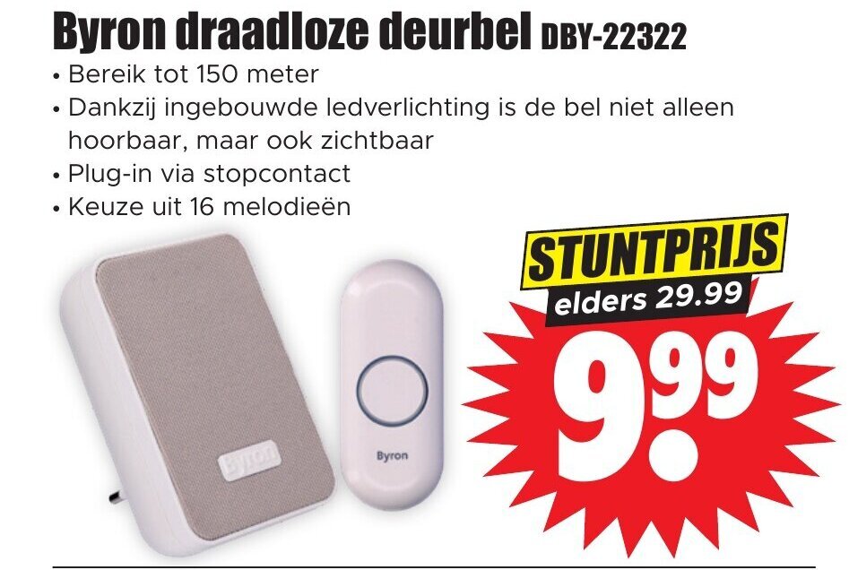 Byron draadloze deurbel DBY-22322 aanbieding bij Dirk