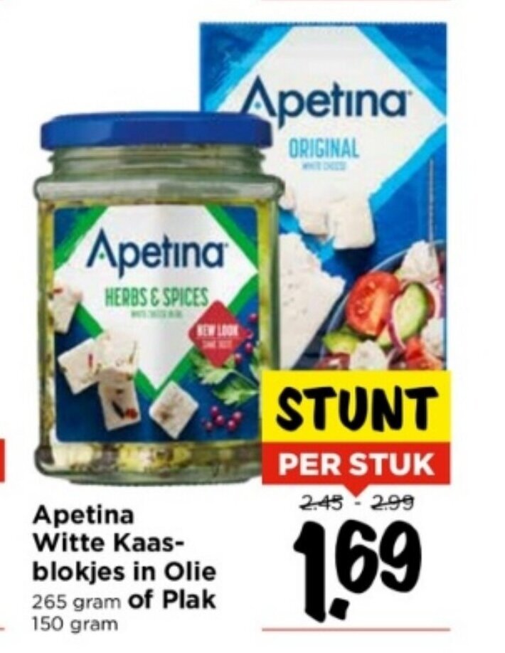 Apetina Witte Kaas-blokjes in Olie 265 gram of Plak 150 gram aanbieding ...