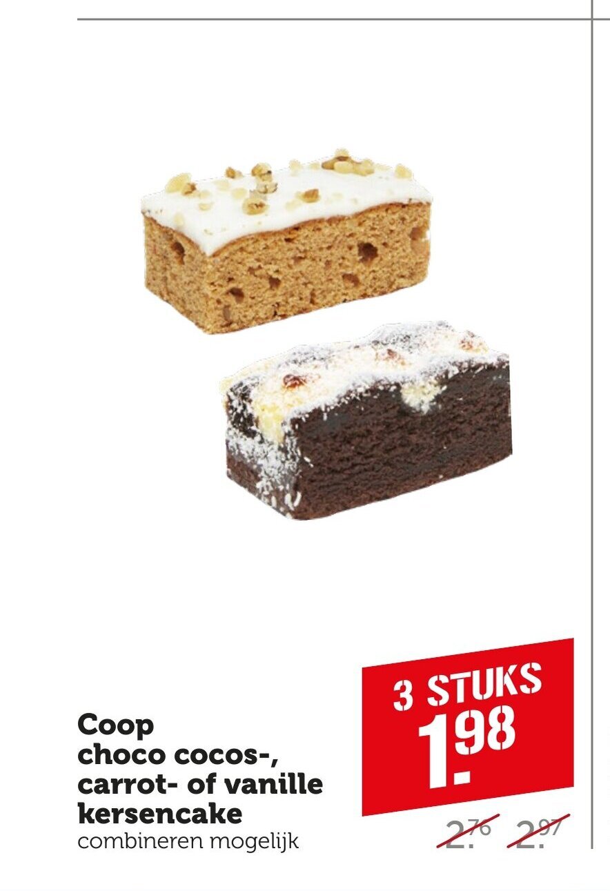 Coop choco cocos-, carrot- of vanille kersencake 3 stuks aanbieding bij ...