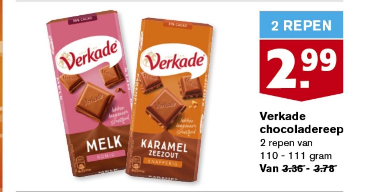 Verkade chocoladereep 2 repen van 110-111 gram aanbieding bij Hoogvliet