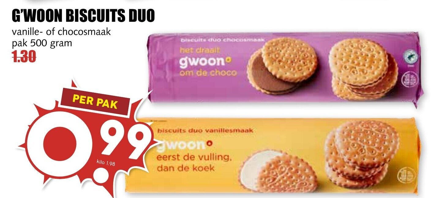 G'WOON BISCUITS DUO vanille- of chocosmaak pak 500 gram aanbieding bij De Boerenschuur