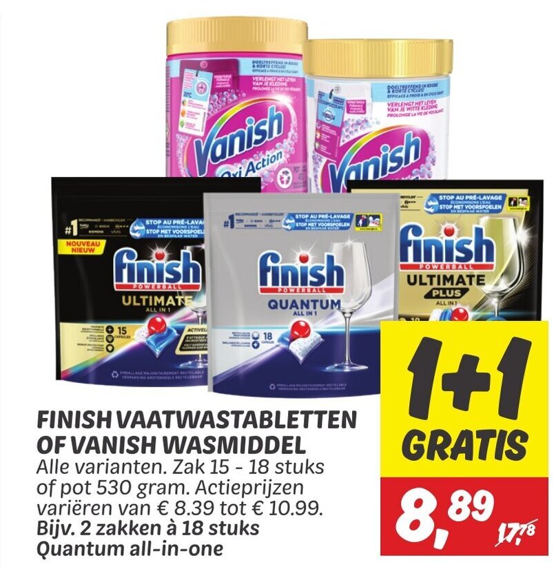 FINISH VAATWASTABLETTEN OF VANISH WASMIDDEL aanbieding bij Dekamarkt