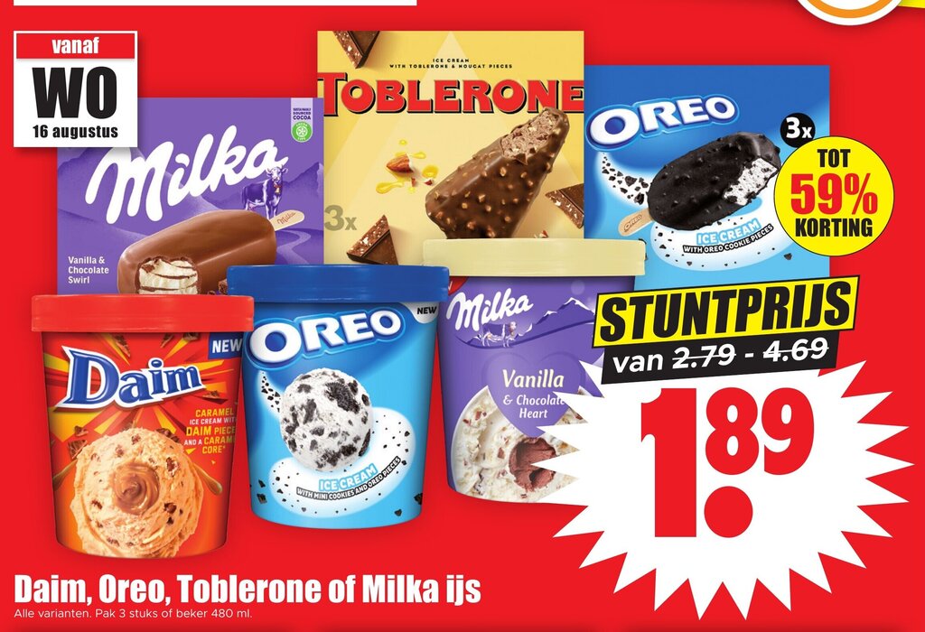 Daim, Oreo, Toblerone of Milka ijs aanbieding bij Dirk