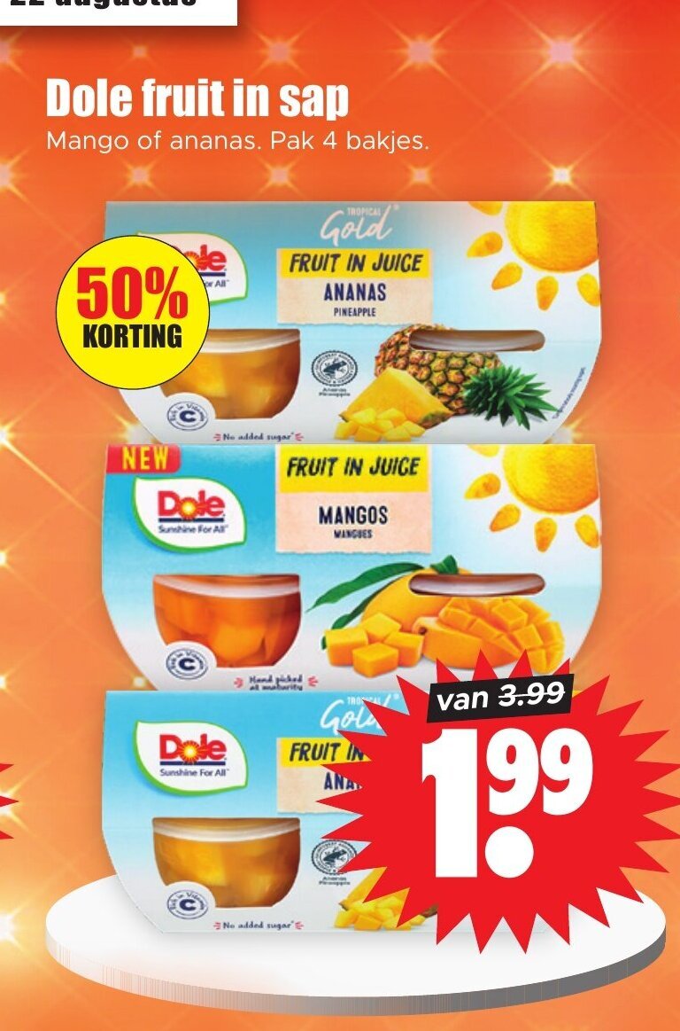 Dole fruit in sap Mango of ananas. Pak 4 bakjes. aanbieding bij Dirk