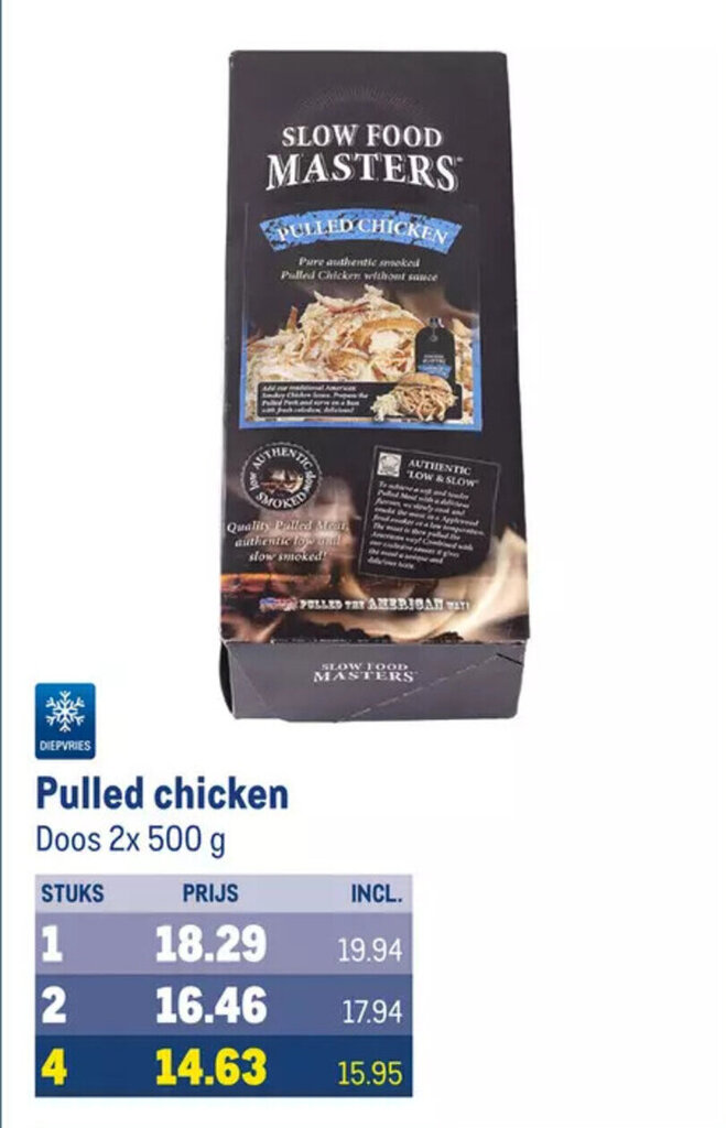 Pulled chicken Doos 2x 500 g aanbieding bij Makro