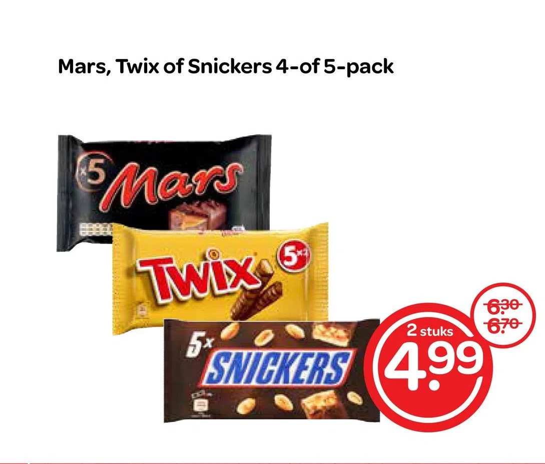 Mars, twix of snickers 4-of 5-pack aanbieding bij Spar