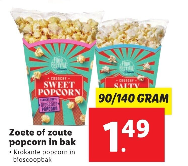 Zoete of zoute popcorn in bak 90/140 GRAM aanbieding bij Lidl