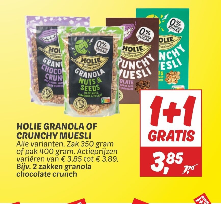 HOLIE GRANOLA OF CRUNCHY MUESLI. Zak 350 gram of pak 400 gram aanbieding bij Dekamarkt