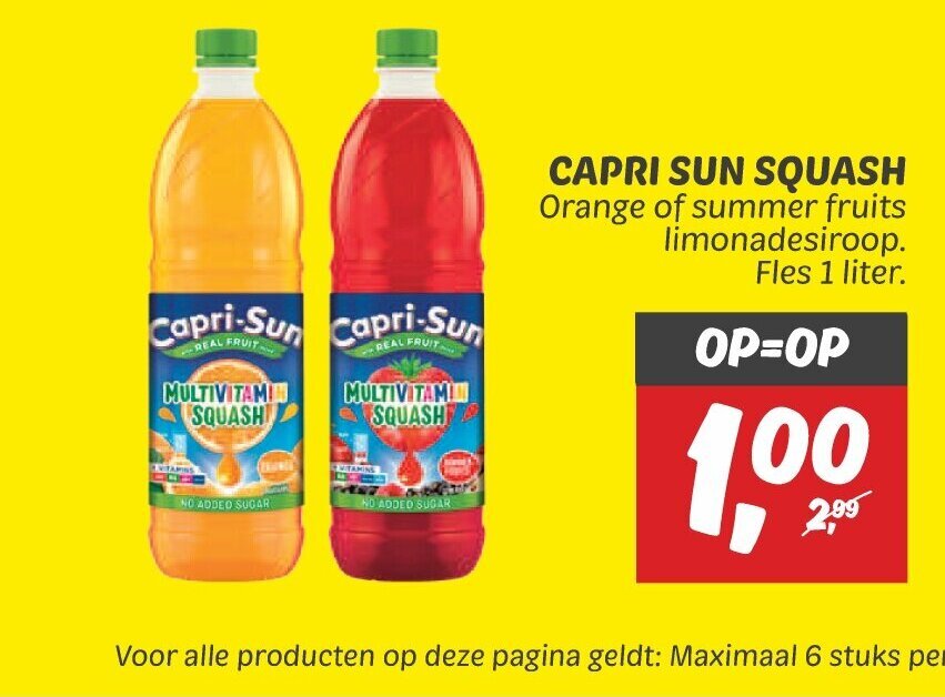 CAPRI SUN SQUASH Orange of summer fruits limonadesiroop. Fles 1 liter ...