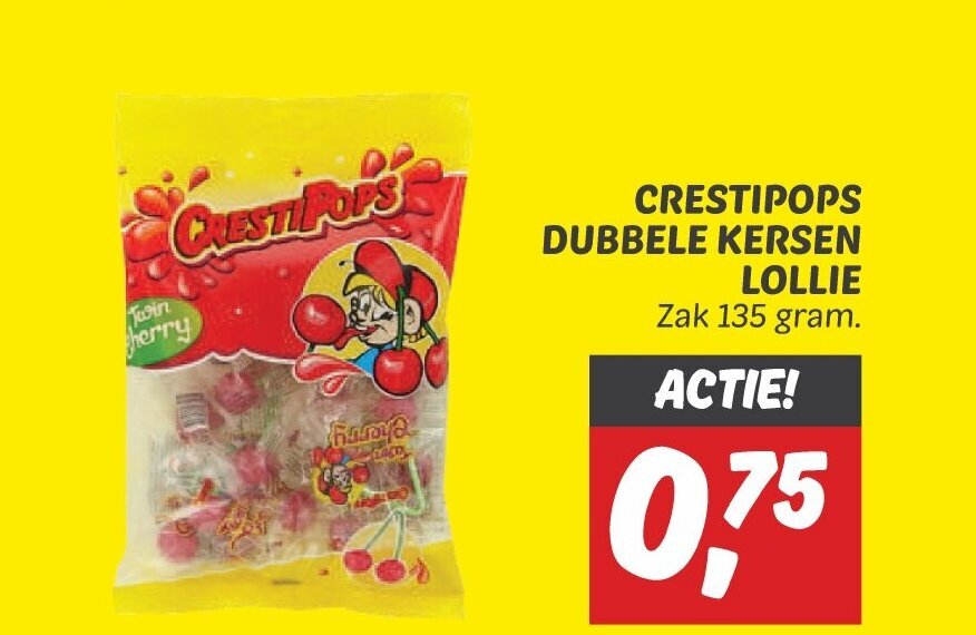 CRESTIPOPS DUBBELE KERSEN LOLLIE Zak 135 gram. ACTIE! aanbieding bij ...