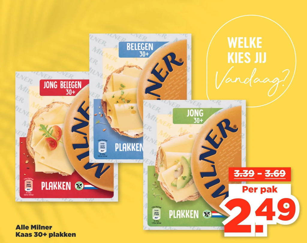 Alle milner kaas 30+ plakken aanbieding bij PLUS