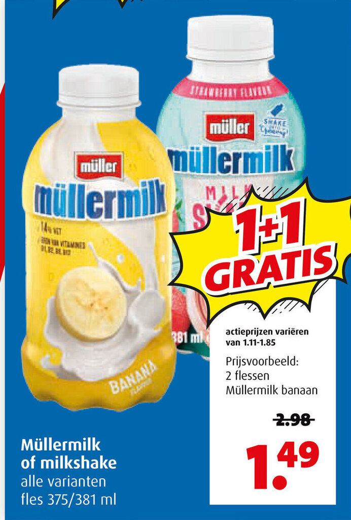 Müllermilk of milkshake alle varianten fles 375/381 ml 1+1 gratis ...