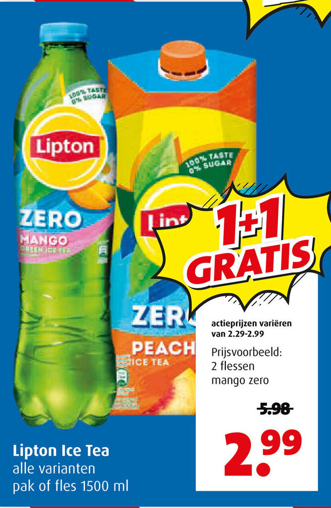 Lipton Ice Tea pak of fles 1500 ml 1+1 GRATIS aanbieding bij Boni