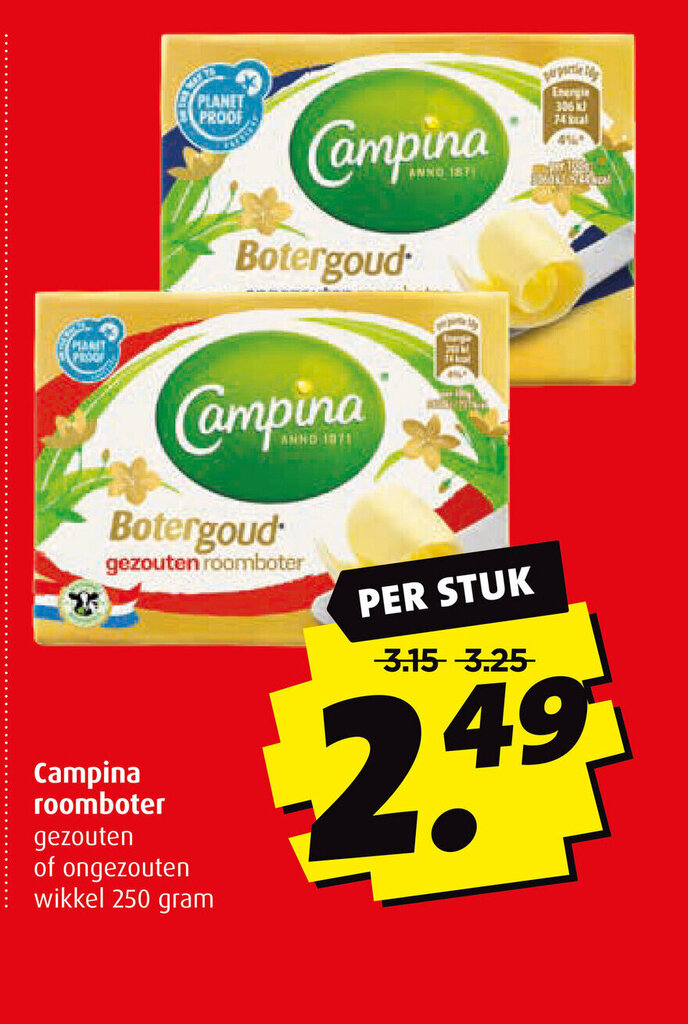 Campina roomboter gezouten of ongezouten wikkel 250 gram aanbieding bij ...