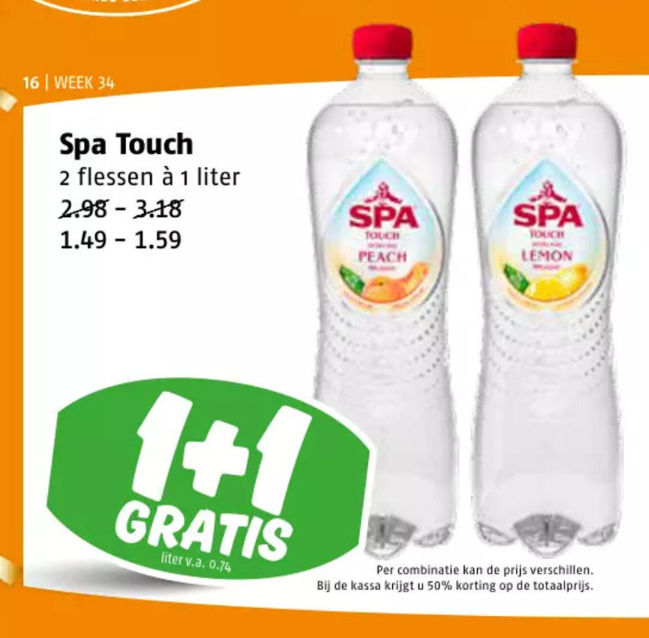 Spa Touch 2 flessen a 1 liter 1+1 GRATIS aanbieding bij Poiesz