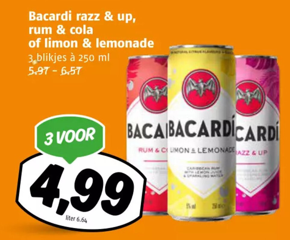 Bacardi razz & up, rum & cola of limon & lemonade 3 blikjes à 250 ml ...
