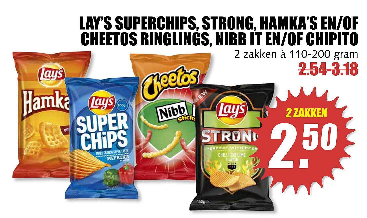 Lay's superchips, strong, hamka's en/of cheetos ringlings,nibb it en/of ...