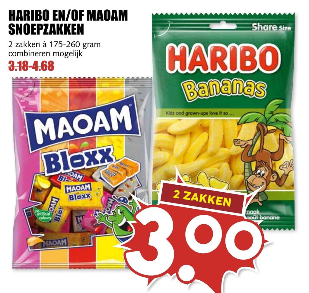 HARIBO EN/OF MAOAM SNOEPZAKKEN 175-260g aanbieding bij De Boerenschuur