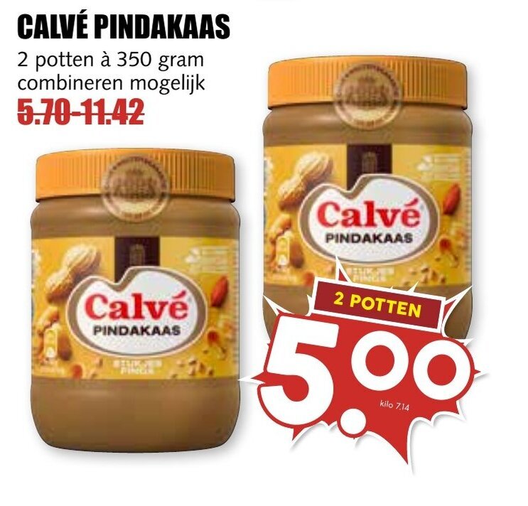 CALVÉ PINDAKAAS 2 potten à 350 gram aanbieding bij De Boerenschuur
