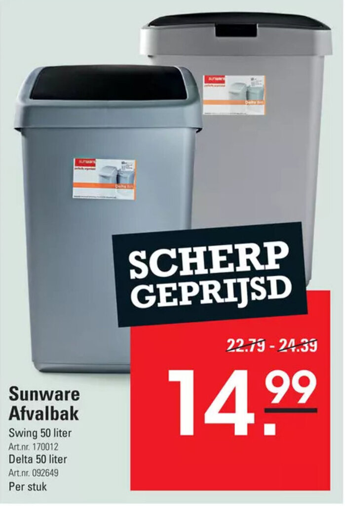 Sunware Afvalbak Swing 50 liter aanbieding bij Sligro