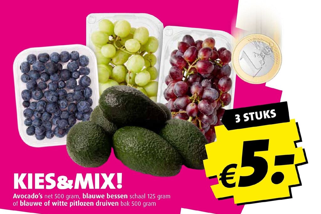 KIES&MIX! Avocado's net 500 gram, blauwe bessen schaal 125 gram of ...