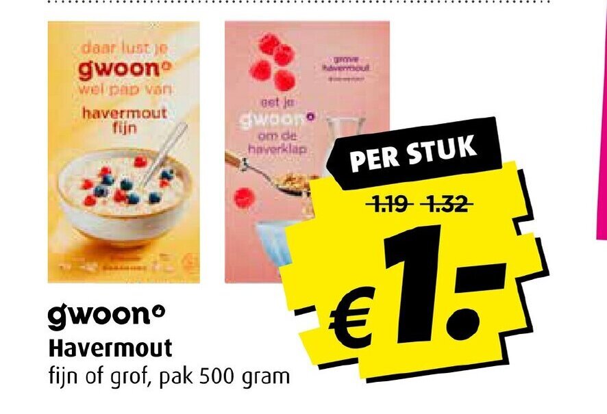 gwoon Havermout fijn of grof, pak 500 gram aanbieding bij Boni
