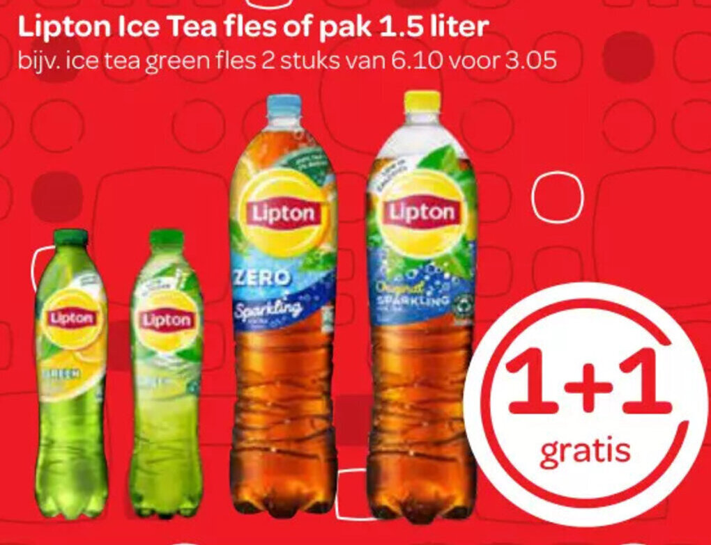 Lipton Ice Tea fles of pak 1.5 liter 1+1 GRATIS aanbieding bij Spar