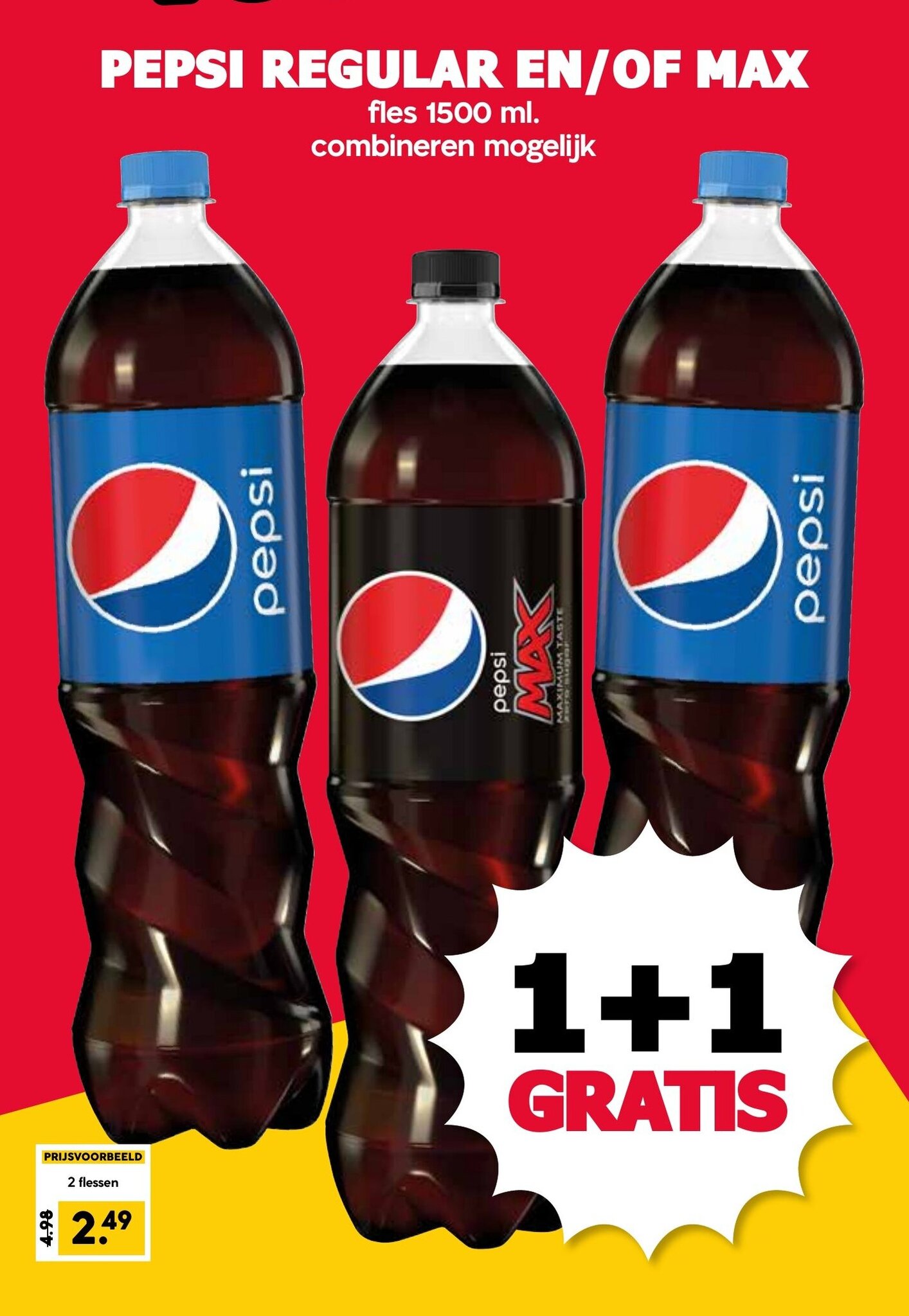 PEPSI REGULAR EN/OF MAX fles 1500 ml. aanbieding bij De Boerenschuur
